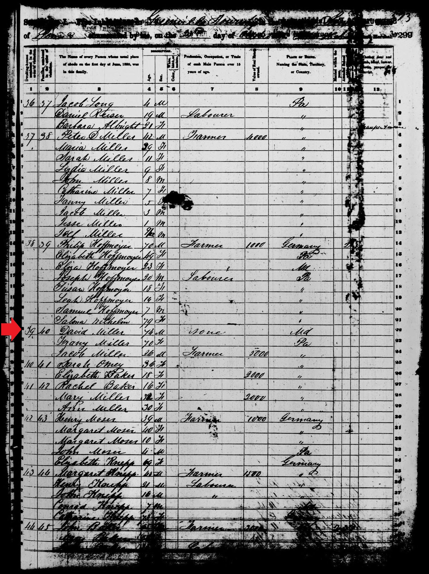 David Miller in 1850 Greeville Township census records